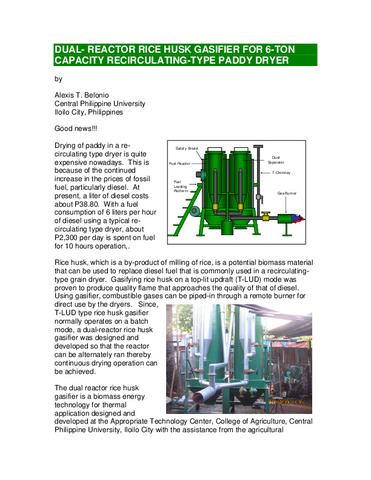 Dual-reactor rice husk gasifier for 6-ton capacity recirculating-type paddy dryer