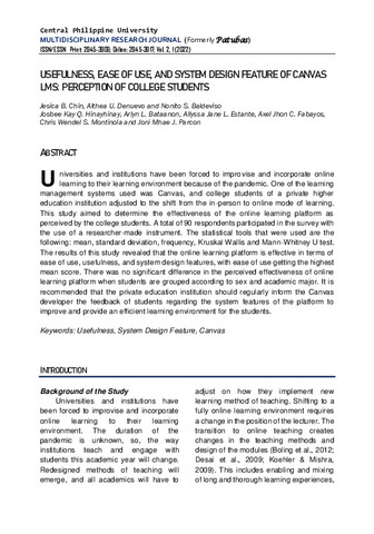 Usefulness, ease of use, and system design feature of Canvas LMS: Perception of college students