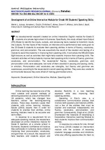 Development of an online interactive module for grade VIII students ...