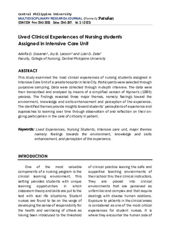 Lived clinical experiences of nursing students assigned in Intensive ...