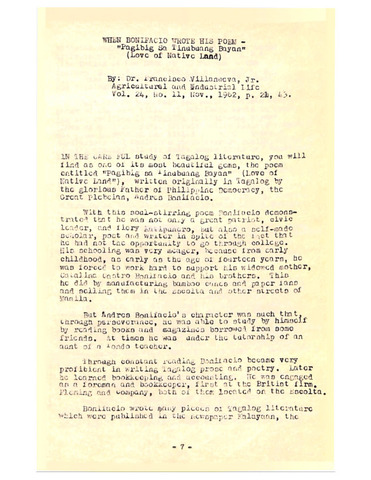 When Bonifacio wrote his poem - "Pagibig sa Tinubuang Bayan" (Love of ...