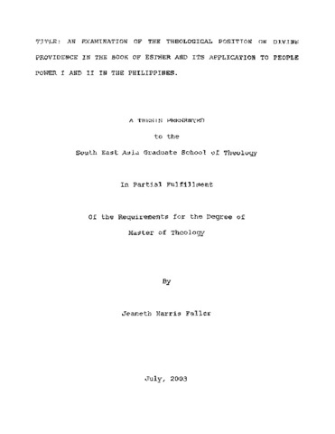 An examination of the theological position on divine providence in the ...