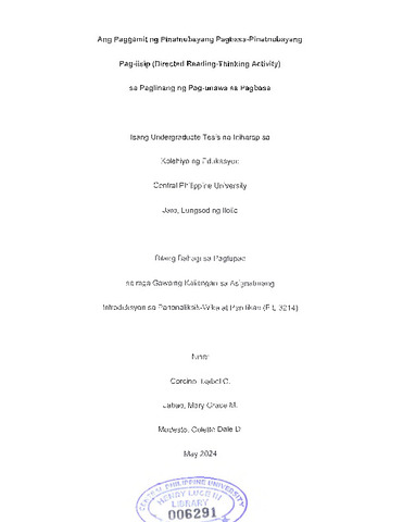 Ang paggamit ng pinatnubayang pagbasa-pinatnubayang pag-iisip (Directed ...